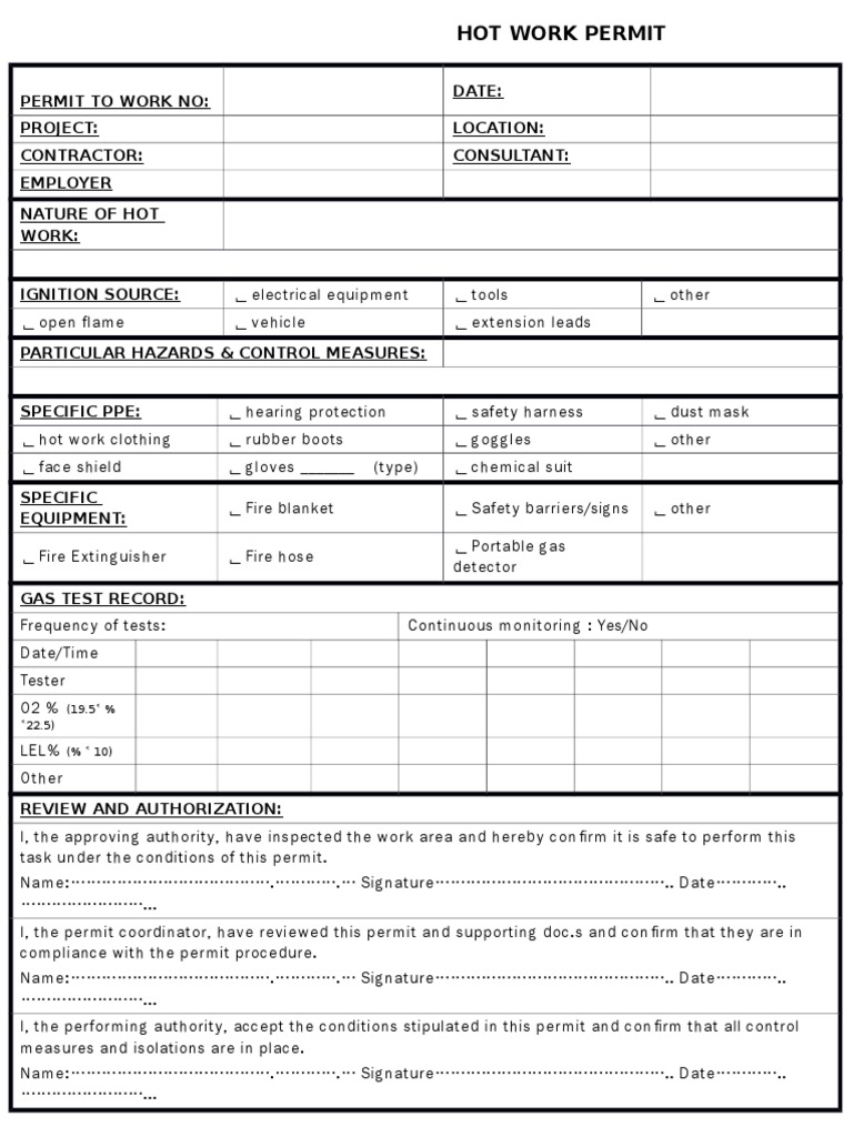 Permit To Work No: Date: Project: Location: Contractor: Consultant ...