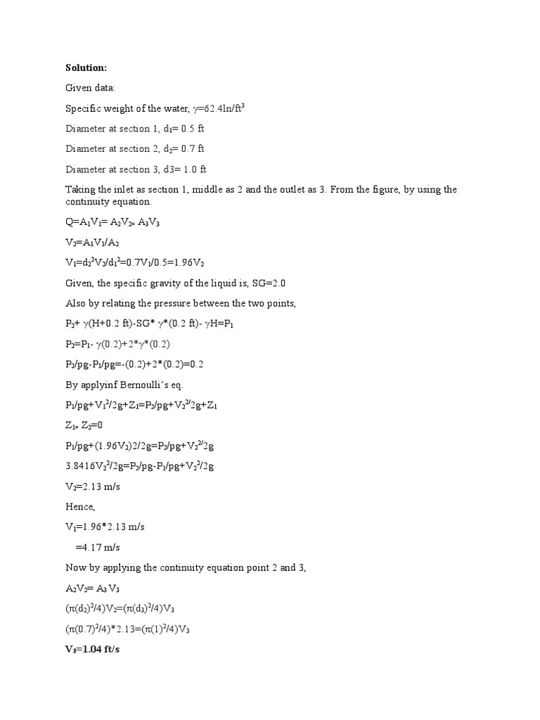 γ=62.4ln/ft Diameter at section 1, d = 0.5 ft Diameter at section 2, d ...