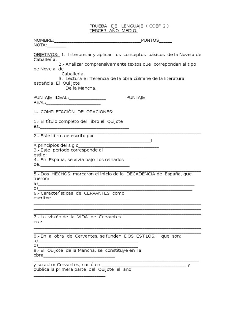 Prueba de Lenguaje El Quijote.... Tercero | PDF | Don Quijote | Miguel ...