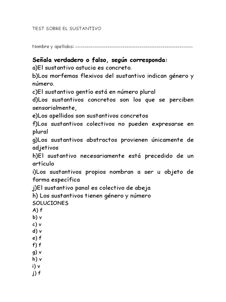 Test de Sustantivos: Verdadero o Falso | PDF