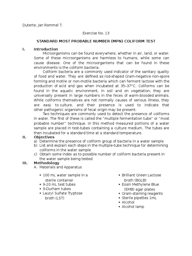 MPN Coliform Test Determines 230 Coliforms/100mL in Water Sample | PDF ...