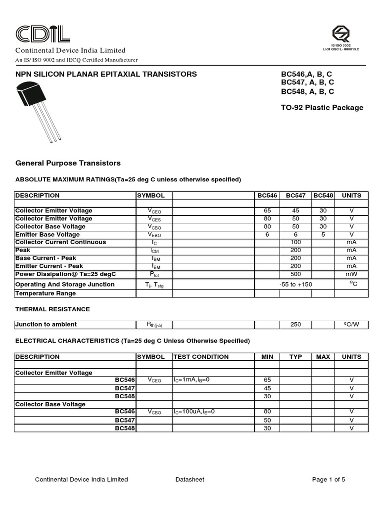 BC546A To BC547A PDF | PDF | Bipolar Junction Transistor | Transistor