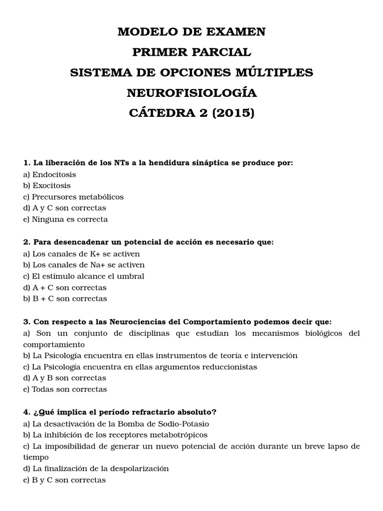 Modelo de Primer Parcial Multiple Choice Nro 4 Neurofisiologia Catedra 123 | PDF | Potencial de ...
