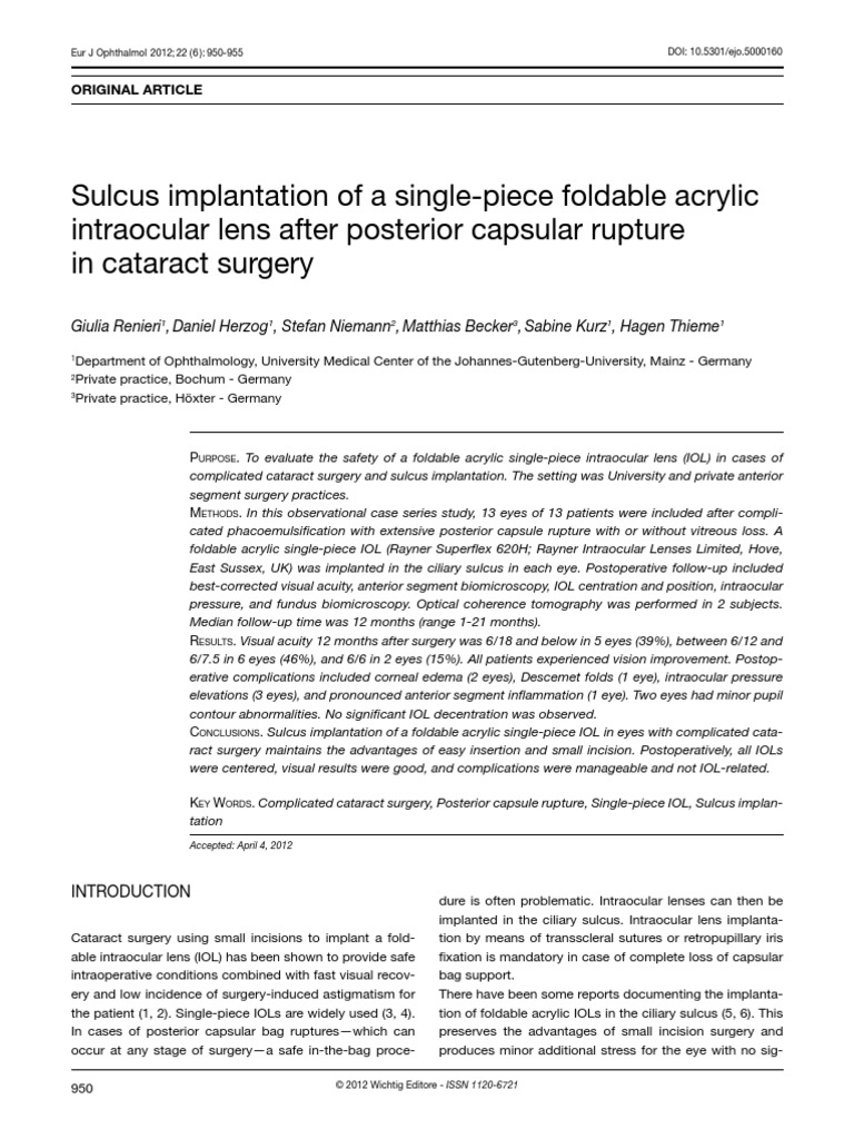 Sulcus Implantation of A Single-Piece Foldable Acrylic Intraocular Lens ...