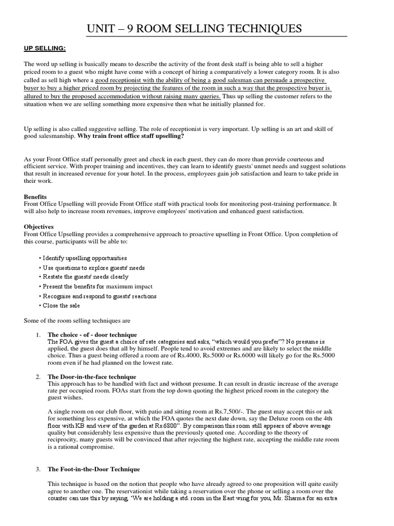 Front Office Room Selling Techniques | PDF | Sales | Revenue