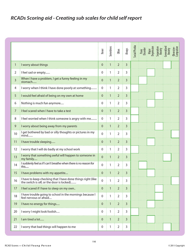 RCADs Scoring Sheet CYP | PDF | Social Anxiety Disorder | Anxiety