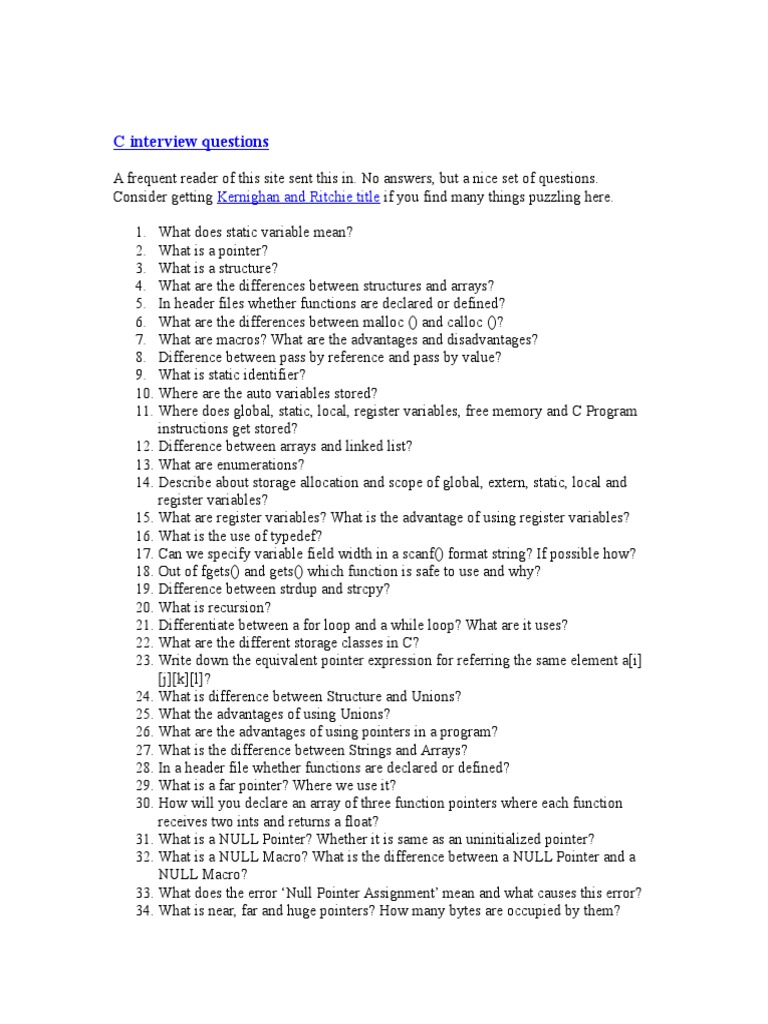 C Interview Questions Pdf Pointer Computer Programming C Programming Language 8057