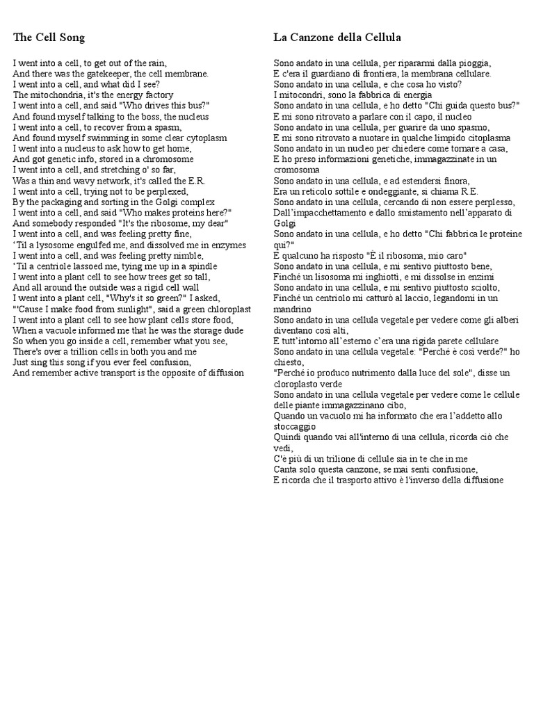 Glenn Wolkenfeld - The Cell Song | PDF | Cell Nucleus | Cell (Biology)