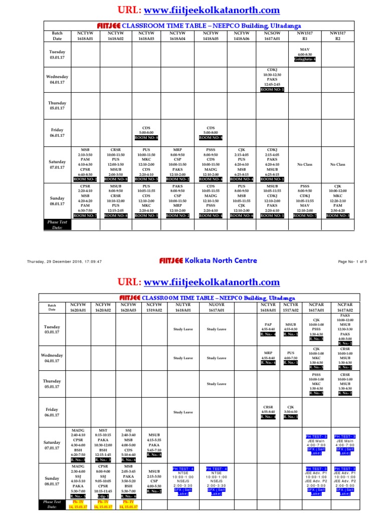 Fiitjee: CLASSROOM TIME TABLE - NEEPCO Building, Ultadanga | PDF