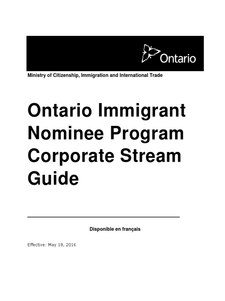 Ontario Immigrant Nominee Program Corporate Stream Guide: Ministry of ...