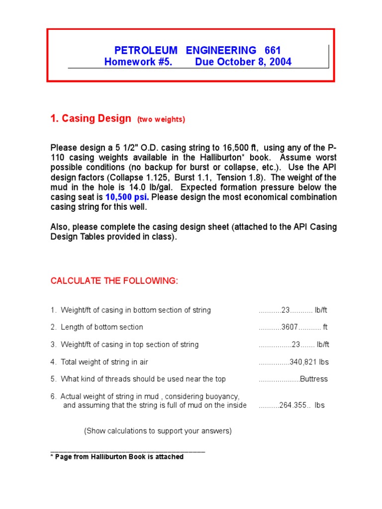 HW #5. Casing Design Solution | PDF