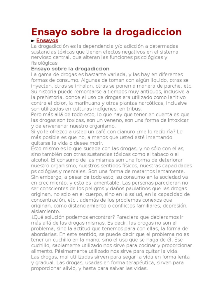 Ensayo Sobre La Drogadiccion | PDF | La dependencia de sustancias | Medicina CLINICA