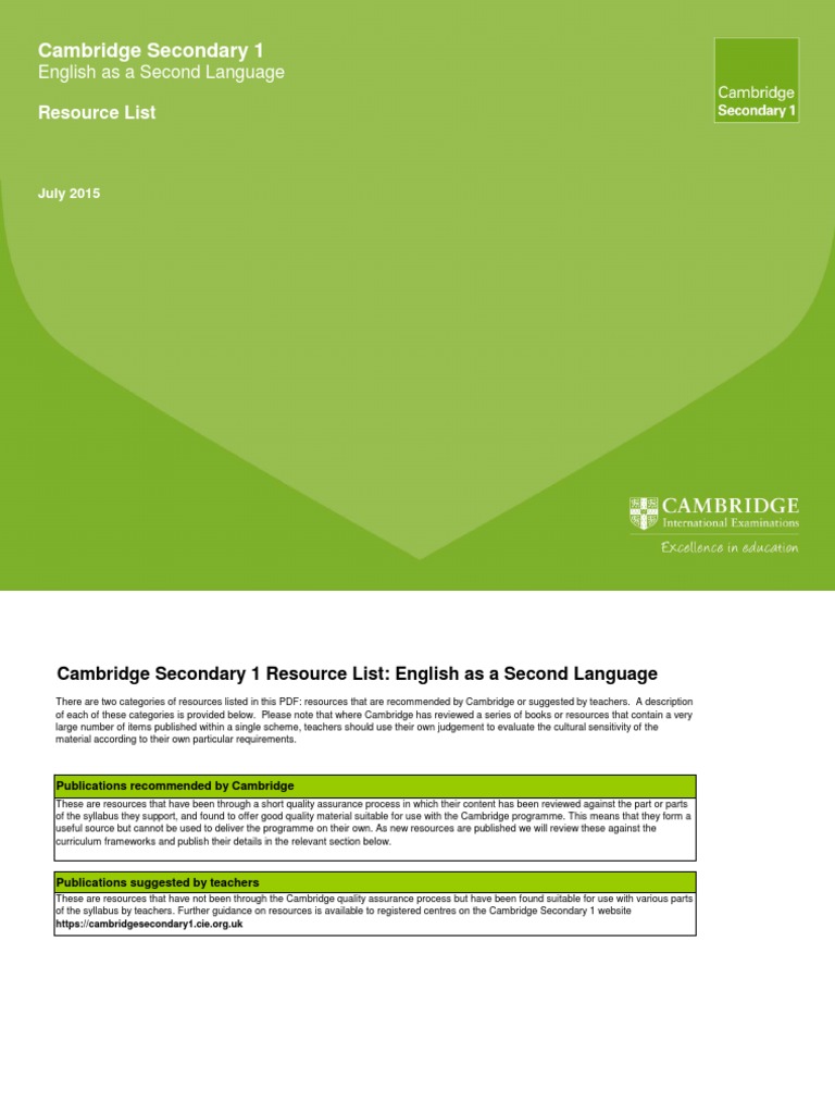 ESL Resource List for Cambridge Secondary 1 | PDF | English As A Second ...
