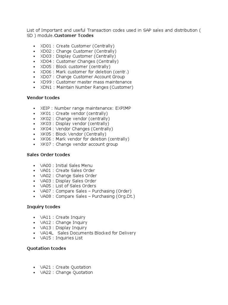 List of Important and Useful Transaction Codes Used in SAP Sales and ...