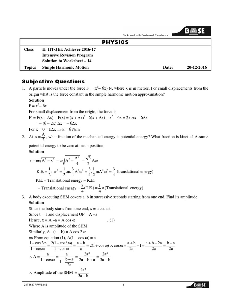 II IIT IRP Physics Worksheet - 14 Q + Soln - SHM | Download Free PDF | Rotation Around A Fixed ...