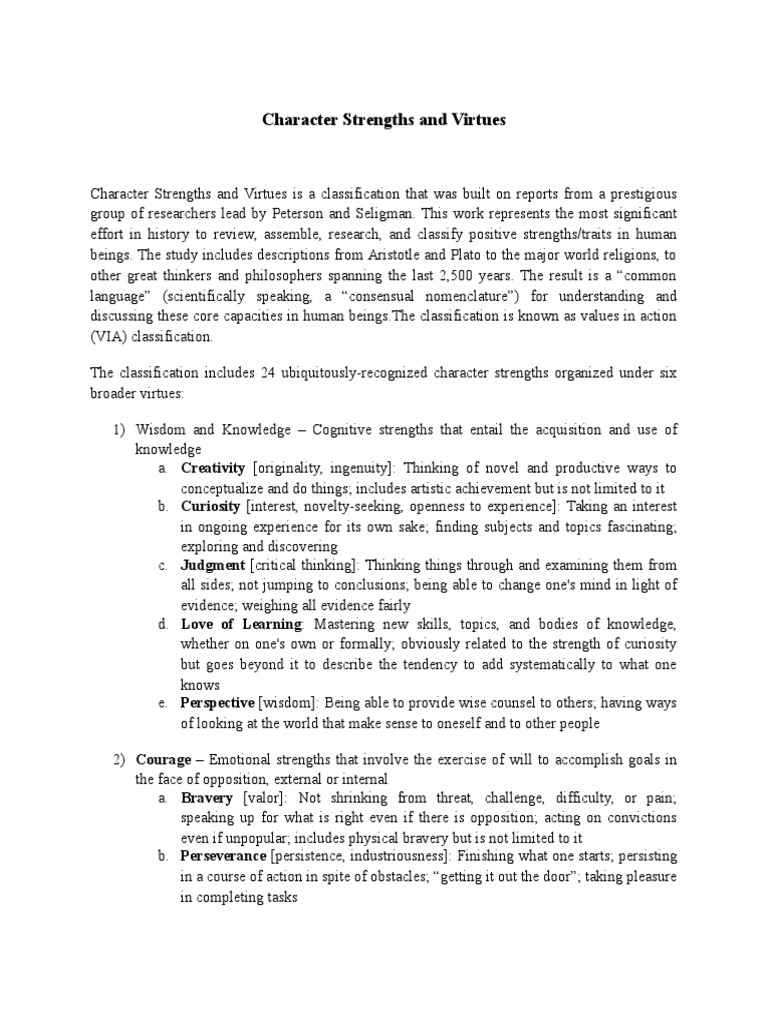 Character Strengths and Virtues | PDF | Virtue | Wisdom