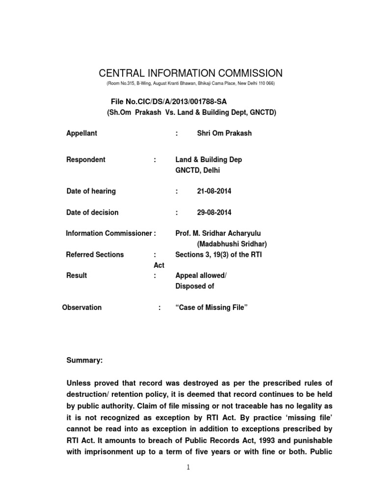 CIC Ruling on Missing Public Records | PDF | Freedom Of Information ...
