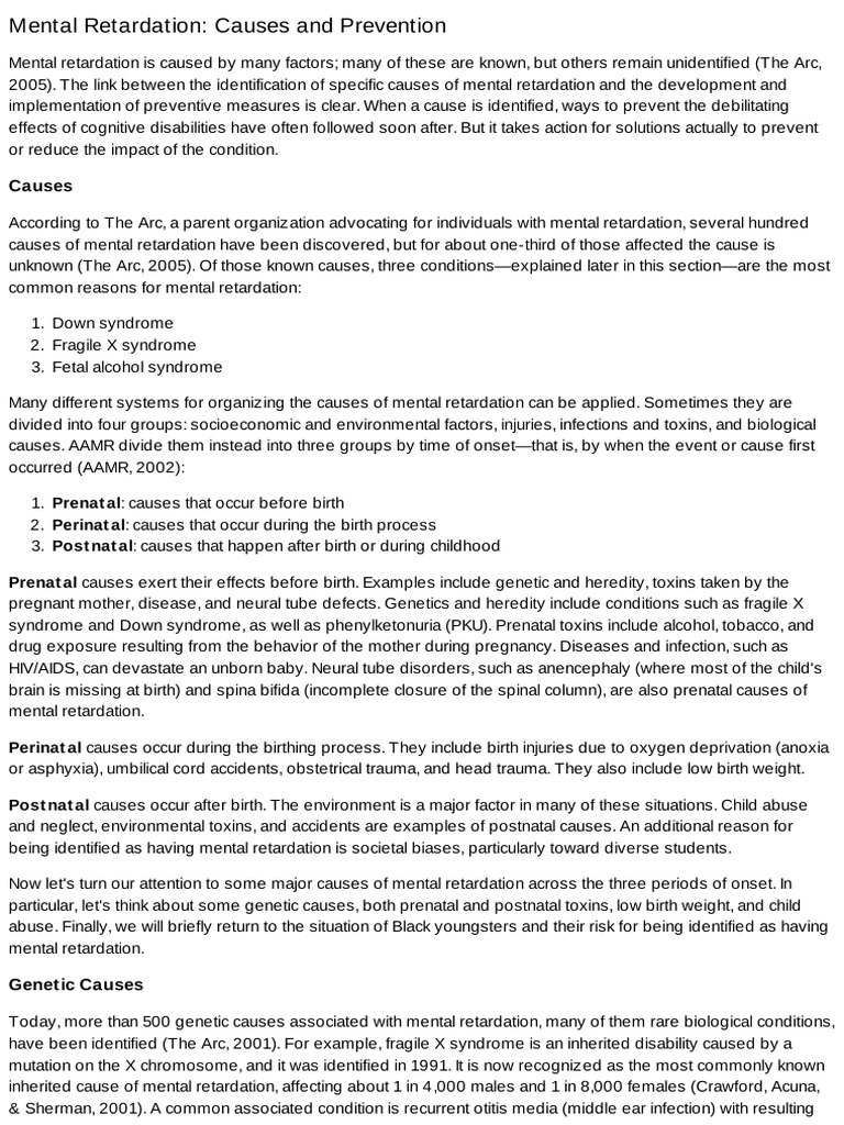 Causes of Mental Retardation | PDF | Intellectual Disability | Down ...
