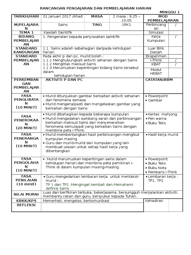 Contoh RPH Sains f1 KSSM | PDF | Seni