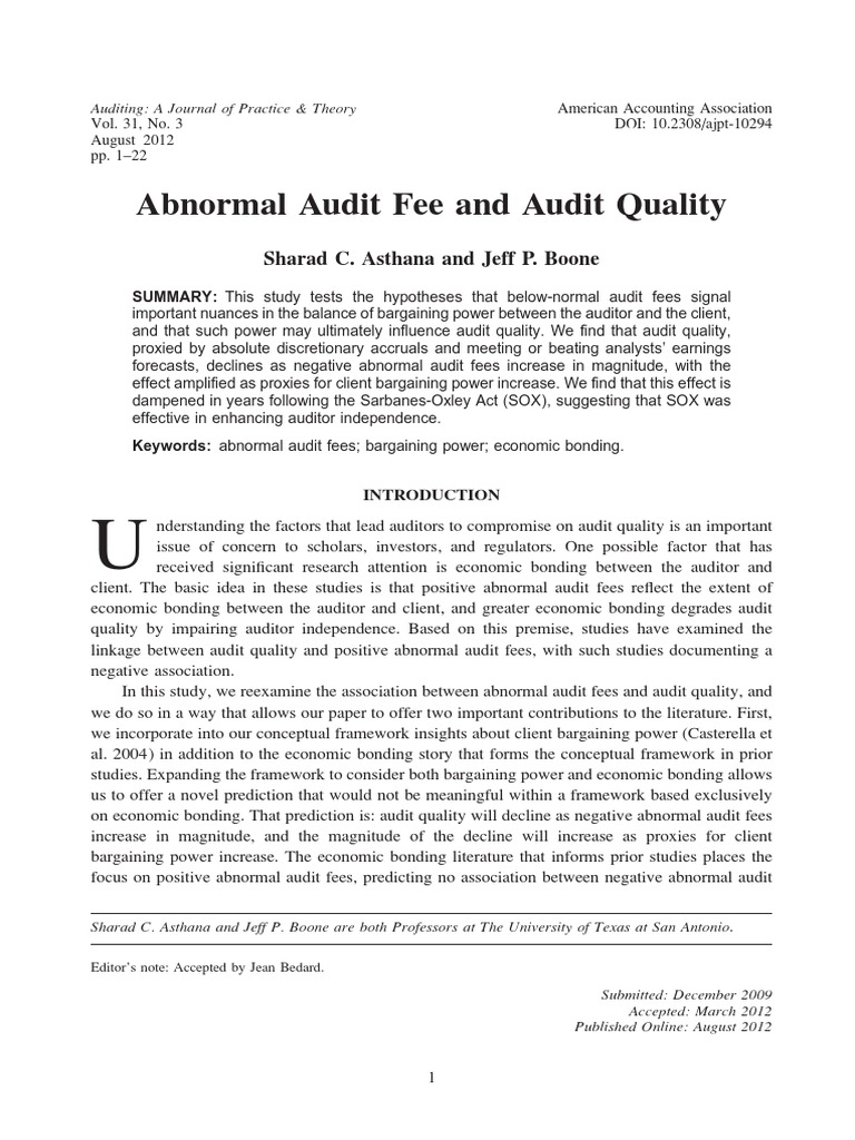 Abnormal Audit Fee and Audit Quality | PDF | Sarbanes–Oxley Act | Audit