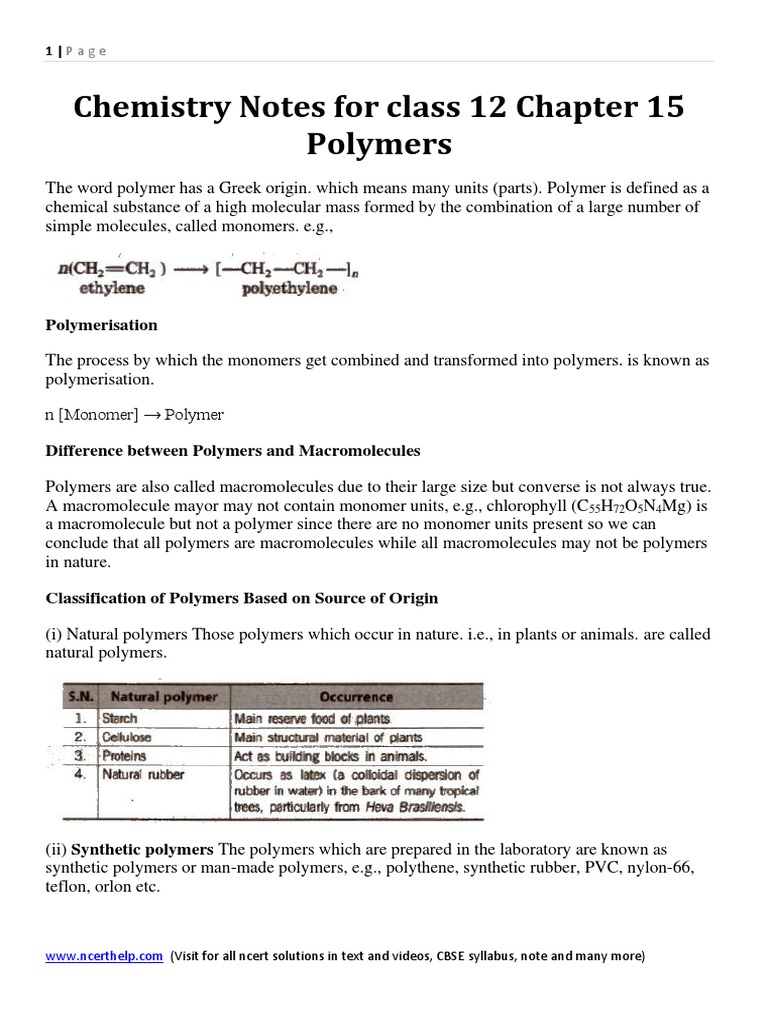 Chemistry Notes For Class 12 Chapter 15 Polymers | PDF