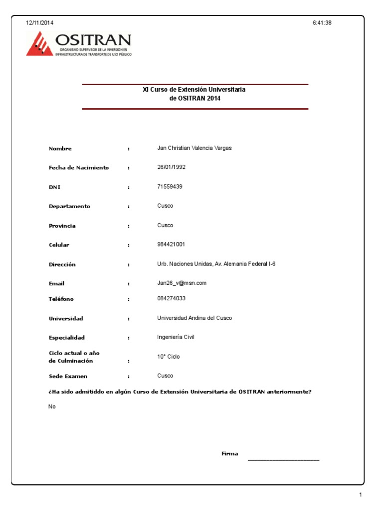 Ficha de Inscripcion OSITRAN PDF | PDF