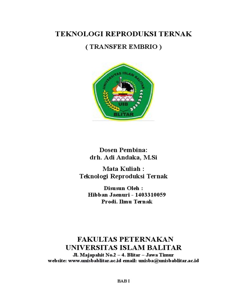 Makalah Transfer Embrio - Teknologi Reproduksi Ternak | PDF