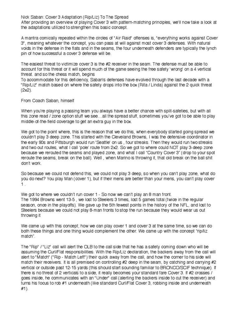 Saban Cover 3 - RIP - LIZ Match | PDF | Ball Games | American Football