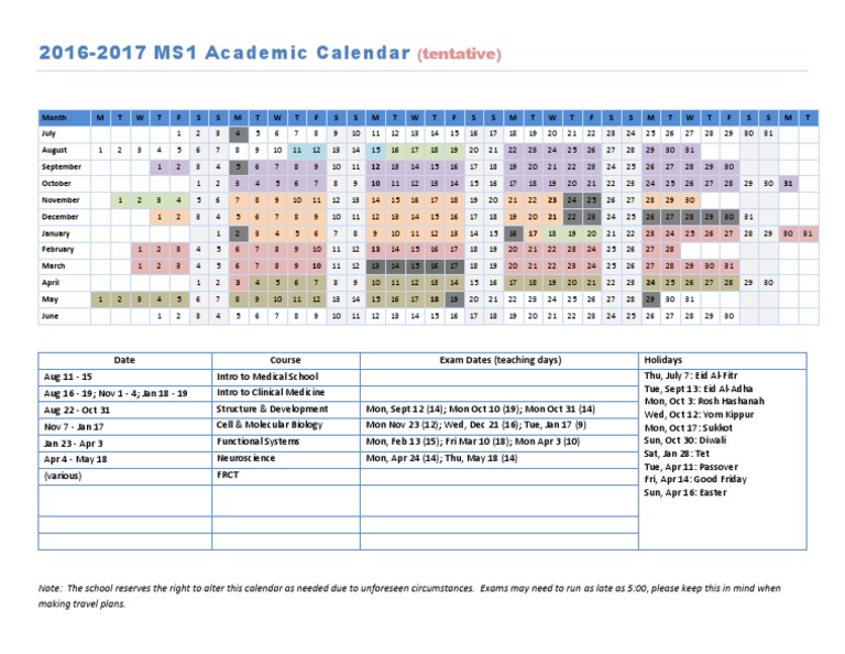2016-2017 MS1 Academic Calendar: (Tentative) | PDF | Sports ...