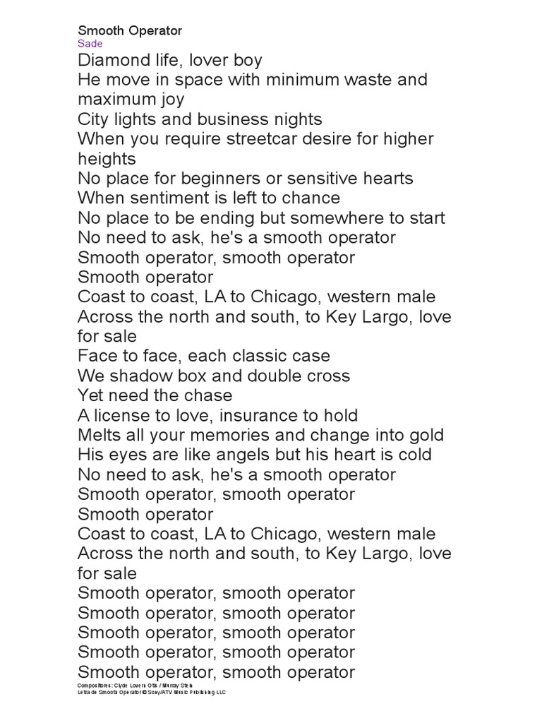 Smooth Operator: Compositores: Clyde Lovern Otis / Murray Stein Letra ...