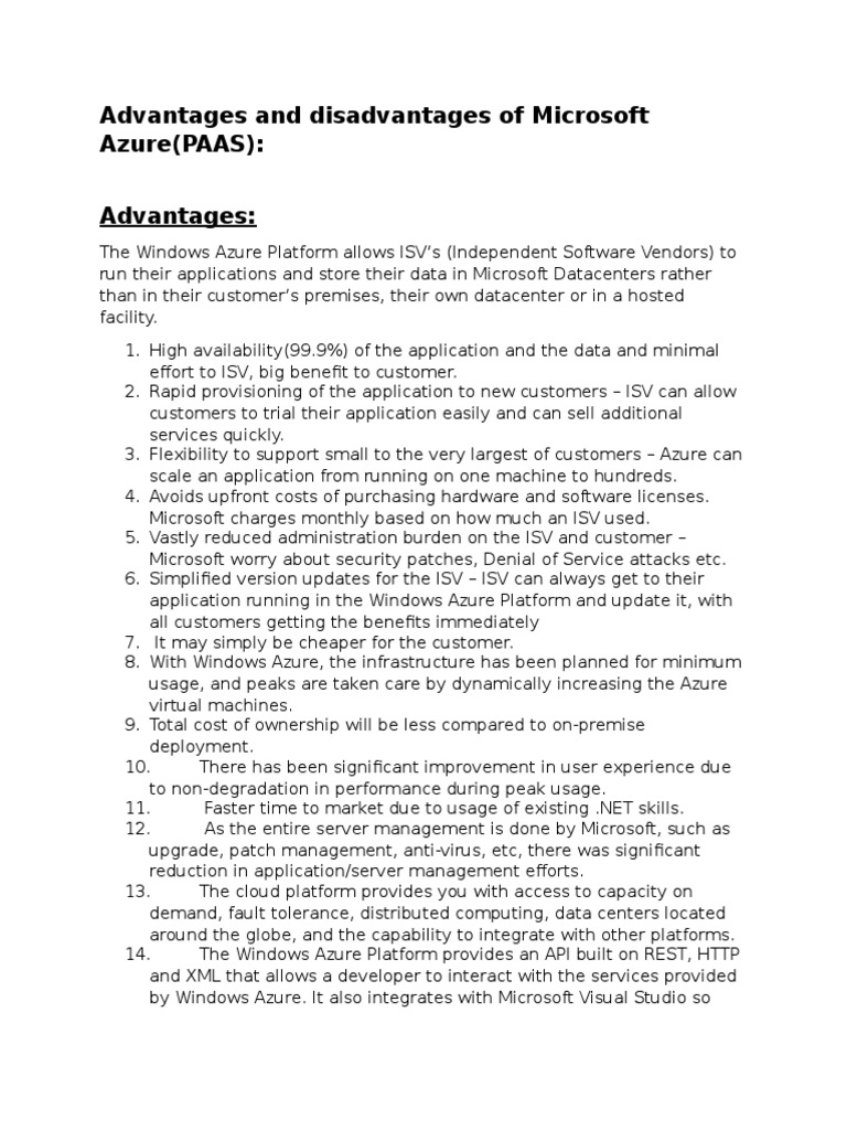 Advantages and Disadvantages of Microsoft Azure PAAS | PDF | Microsoft ...