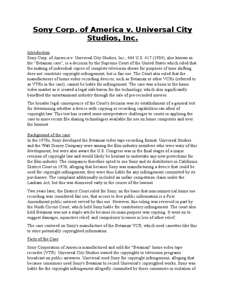 Sony v. Universal: Betamax Fair Use Case | PDF | Justice | Crime & Violence