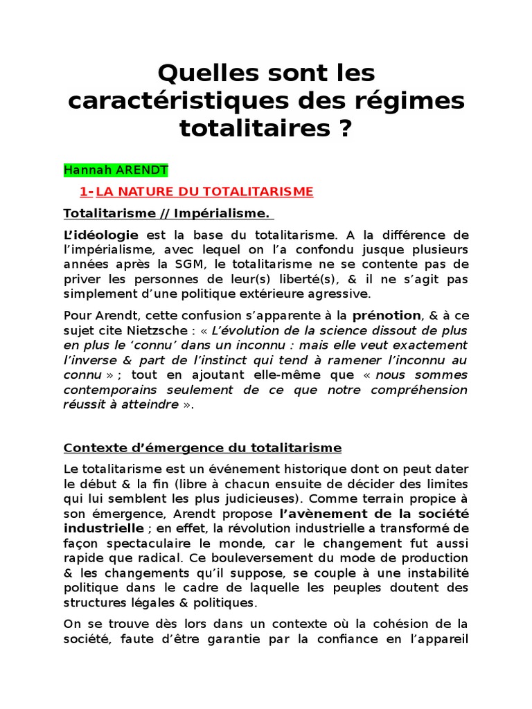 Quelles Sont Les Caractéristiques Des Régimes Totalitaires | PDF ...