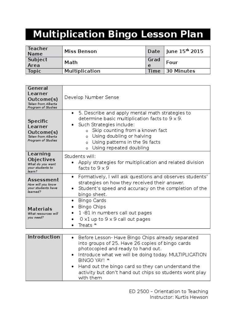 Multiplication Bingo Lesson Plan | PDF | Lesson Plan | Education Theory