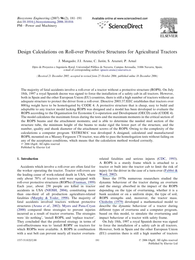 Design Calculations On Roll-Over Protective Structures For Agricultural ...