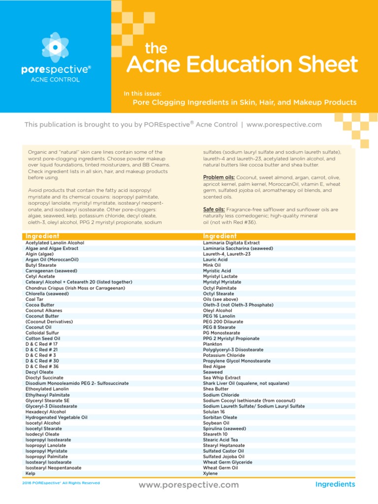 Pore Clogging Ingredients Acne Education Sheet | PDF | Organic ...