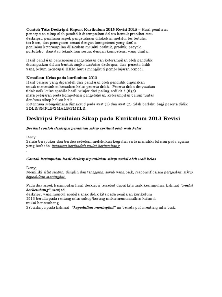 Contoh Teks Deskripsi Raport Kurikulum 2013 Revisi 2016 | PDF