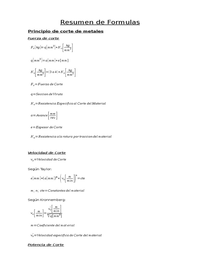 Fórmulas Tec. Mecánica | PDF | Perforar | Engranaje