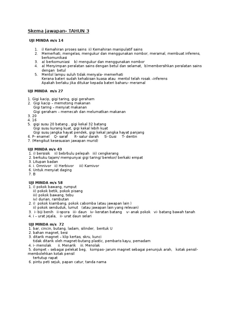 Skema Jawapan Sains Bku Teks Tahun 3 | PDF