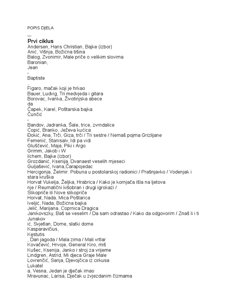 POPIS DJELA Lektira Nova | PDF