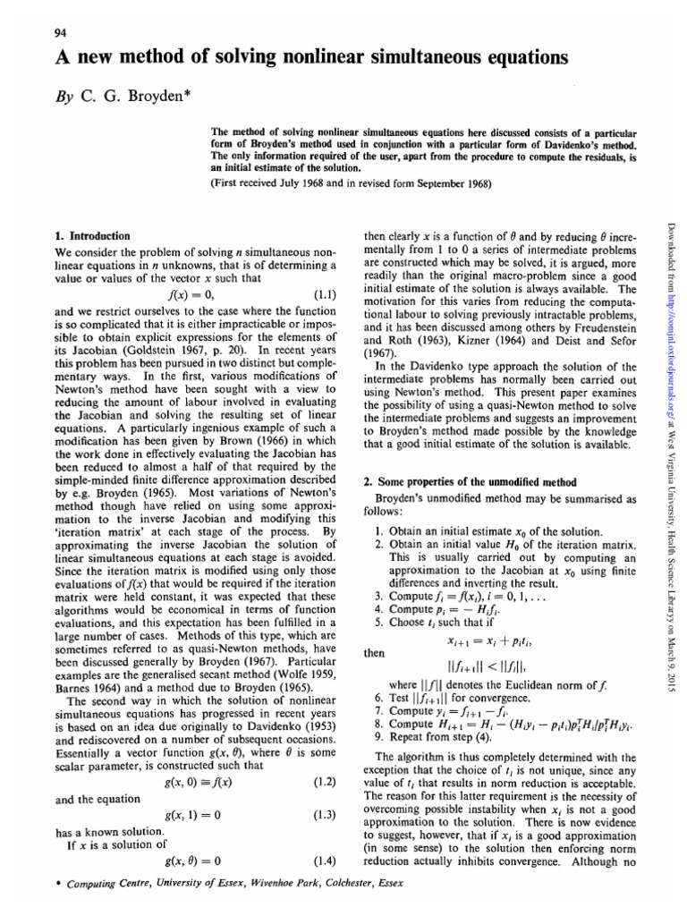 A New Method of Solving Nonlinear Simultaneous Equations: by C. G. Broyden | PDF | Finite ...