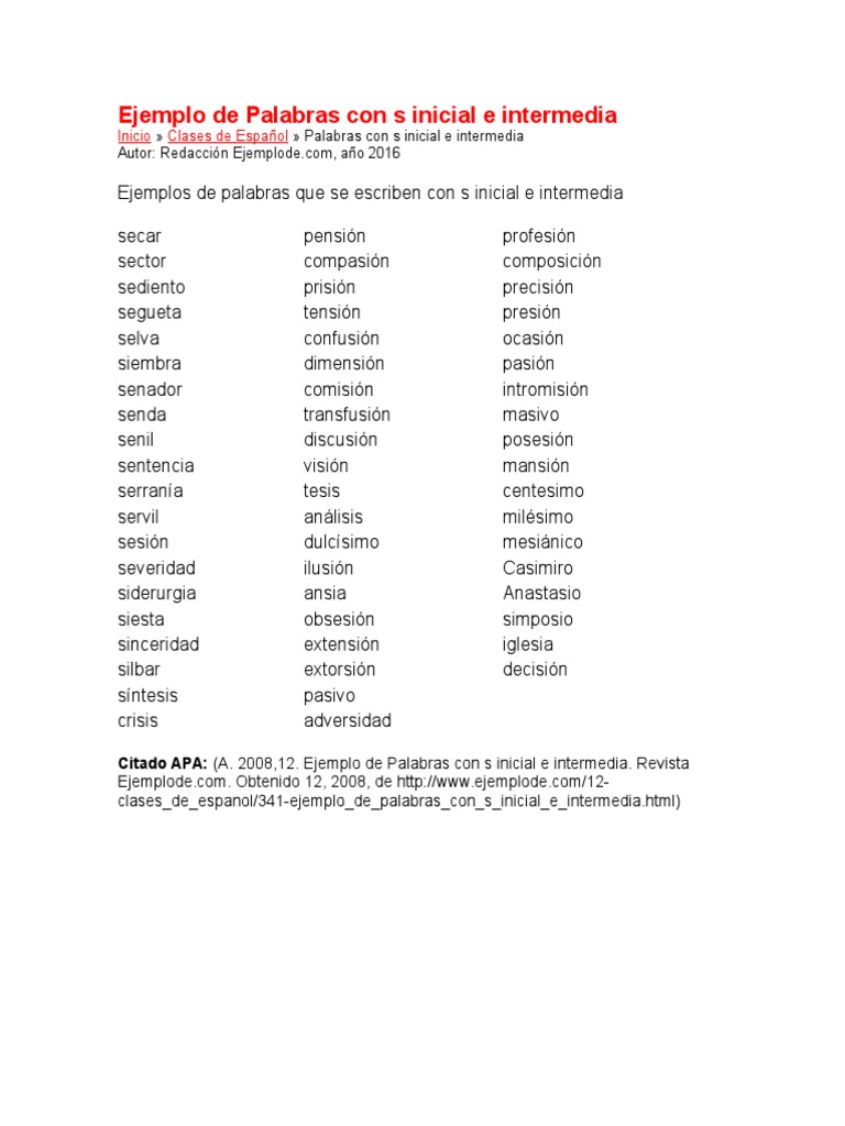 Palabras con 's' inicial e intermedia | PDF