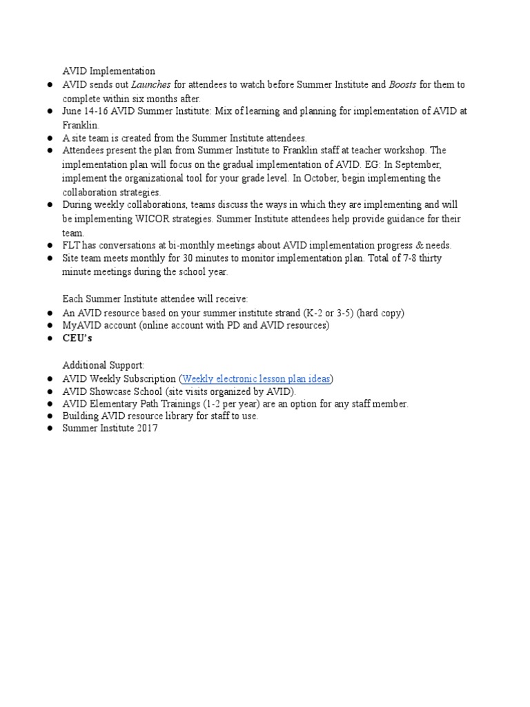 AVID Implementation Plan Overview | PDF | Career & Growth | Finance ...