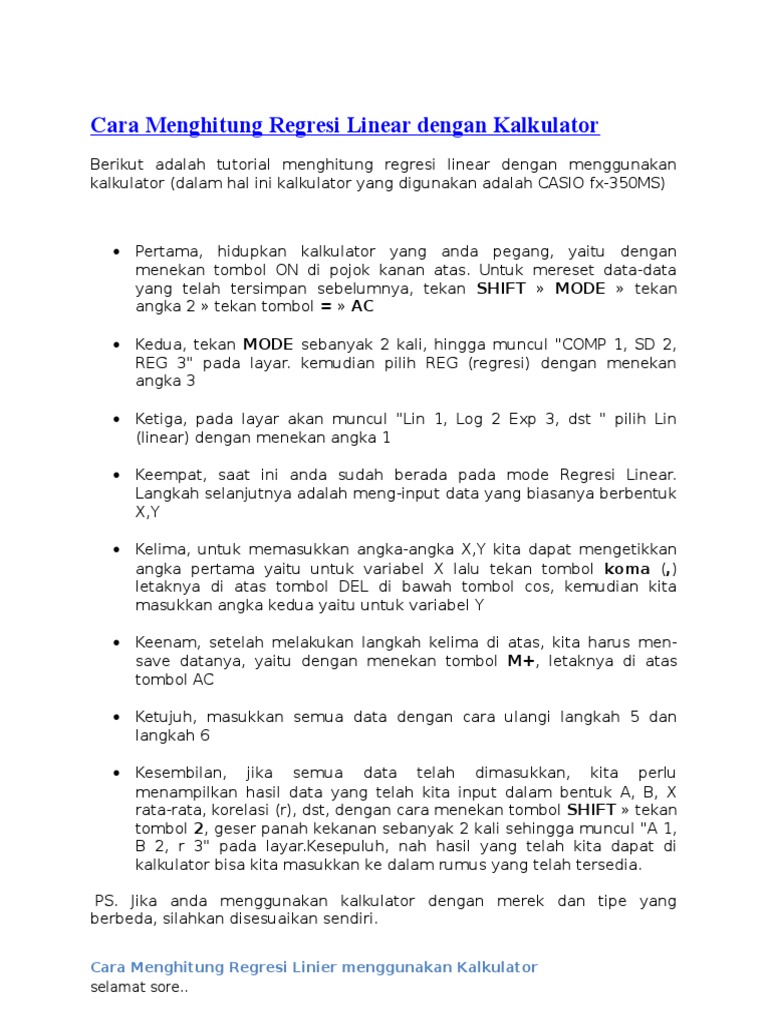 Cara Menghitung Regresi Linear Dengan Kalkulator | PDF