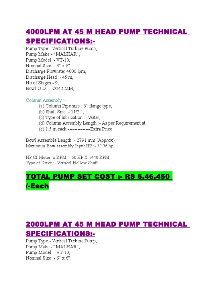 4000Lpm at 45 M Head Pump Technical Specifications:-: Total Pump Set ...
