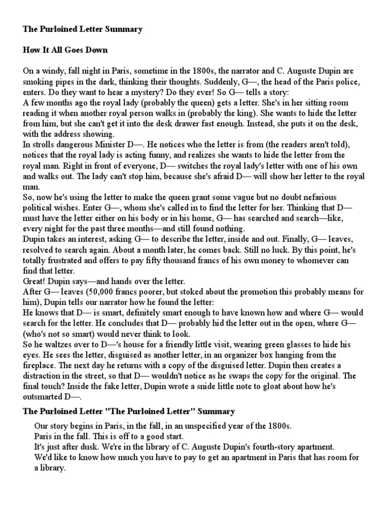 The Purloined Letter Summary | PDF | C. Auguste Dupin | The Murders In ...