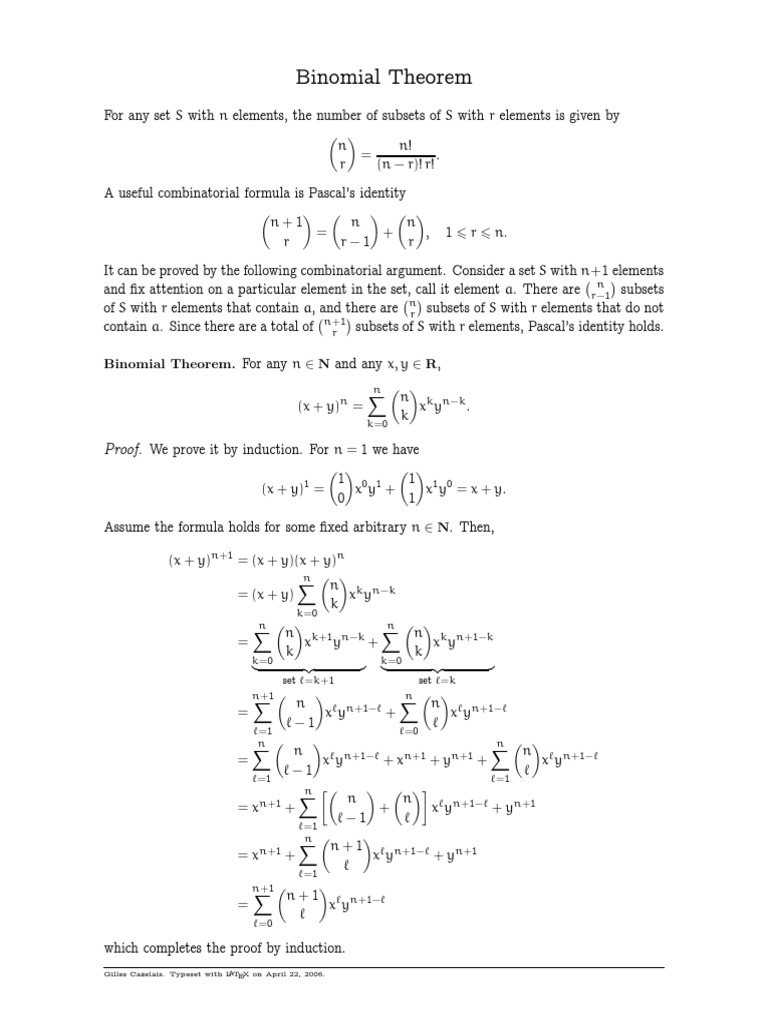 Binomial Theorem and Pascal's Identity: A Combinatorial Proof | PDF