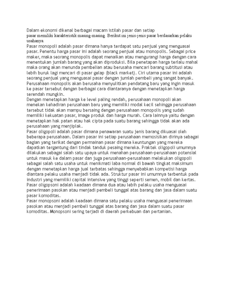 Perbedaan Pasar Monopoli, Oligopoli, Monopsoni, Oligopsoni | PDF