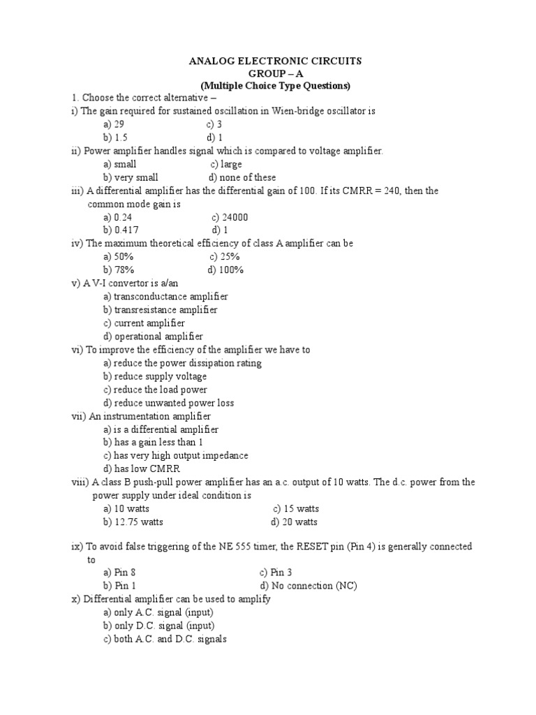 Analog Electronic Circuits Group - A (Multiple Choice Type Questions ...