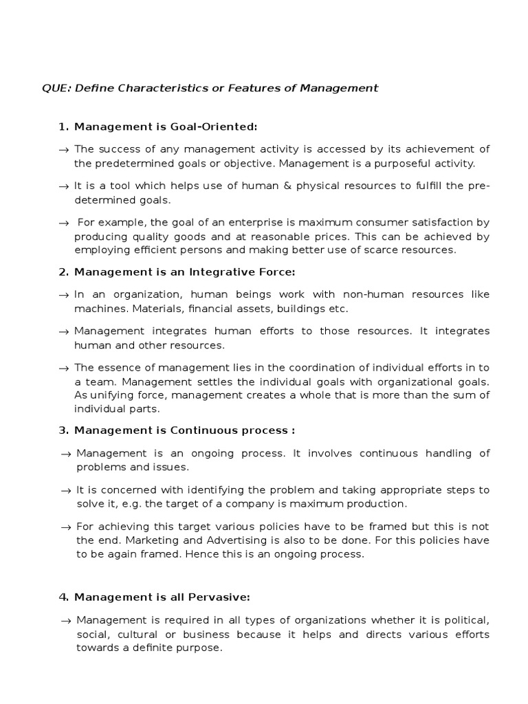 Characteristics or Features of Management | PDF | Goal | Factors Of ...